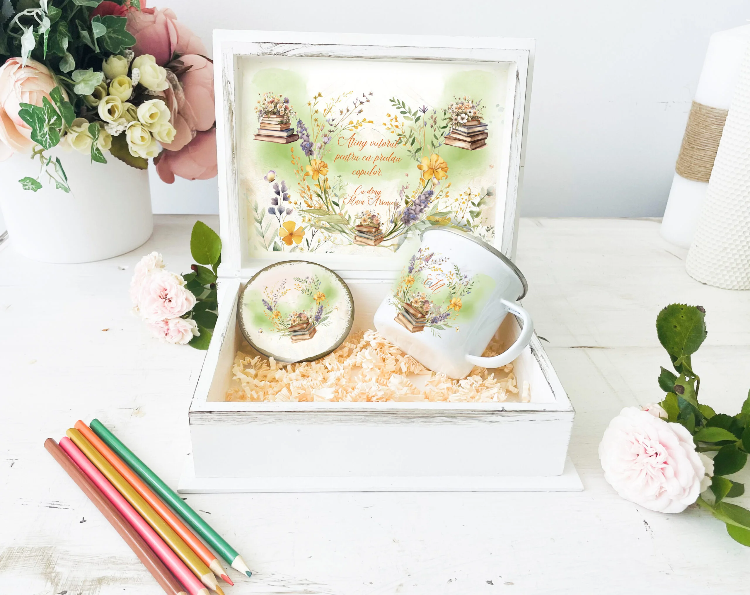 Set cadou personalizat profesor- Flori și Cărți